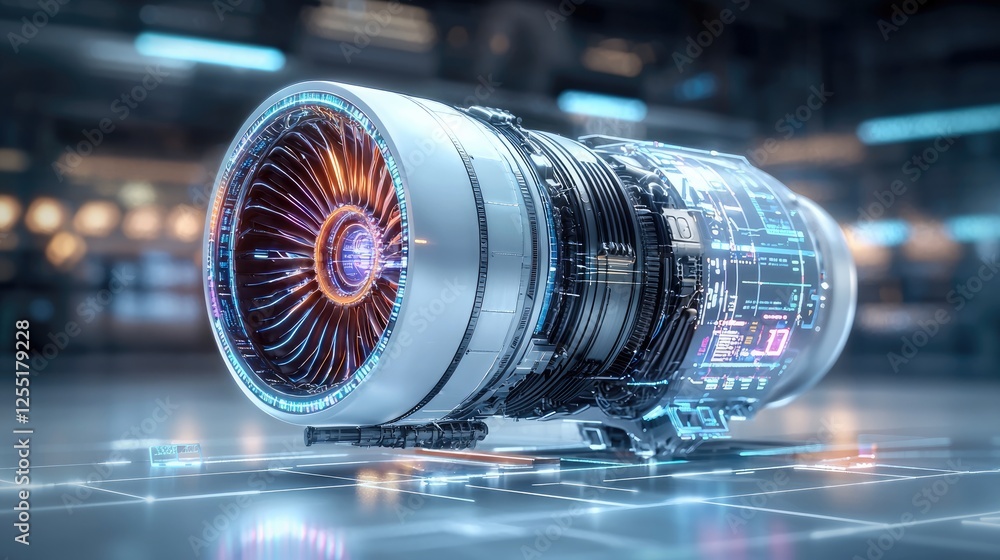 Next-generation aircraft engine concept with smart data overlays showing thrust control ...