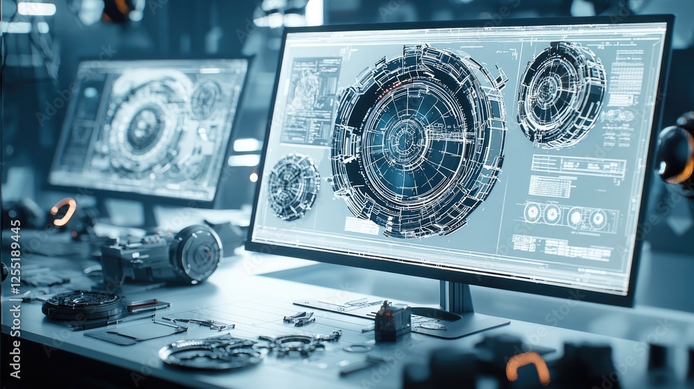 The workstation of a concept artist is covered with blueprints of ...