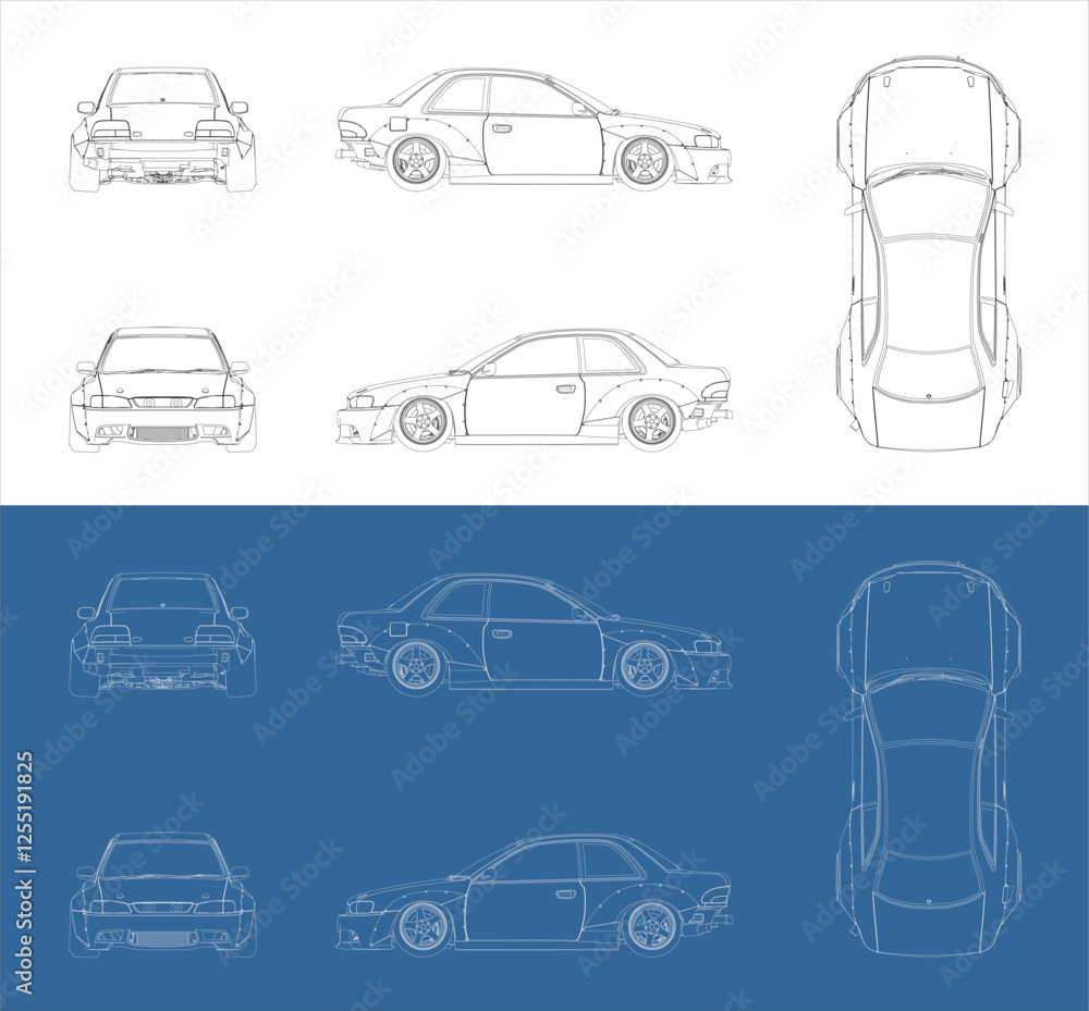 Custom Drift Racing Car Blueprint Line Drawing Technical Vector Design ...