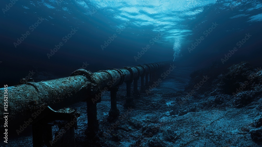 Underwater photography of a long oil pipeline stretching through the ...