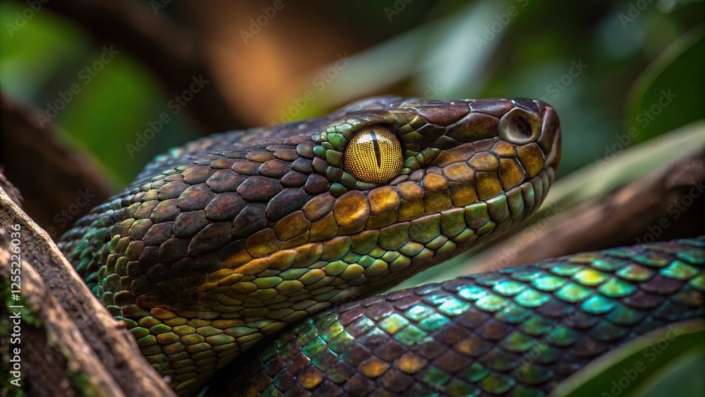 Golden-eyed iridescent snake with blue and green scales in jungle ...