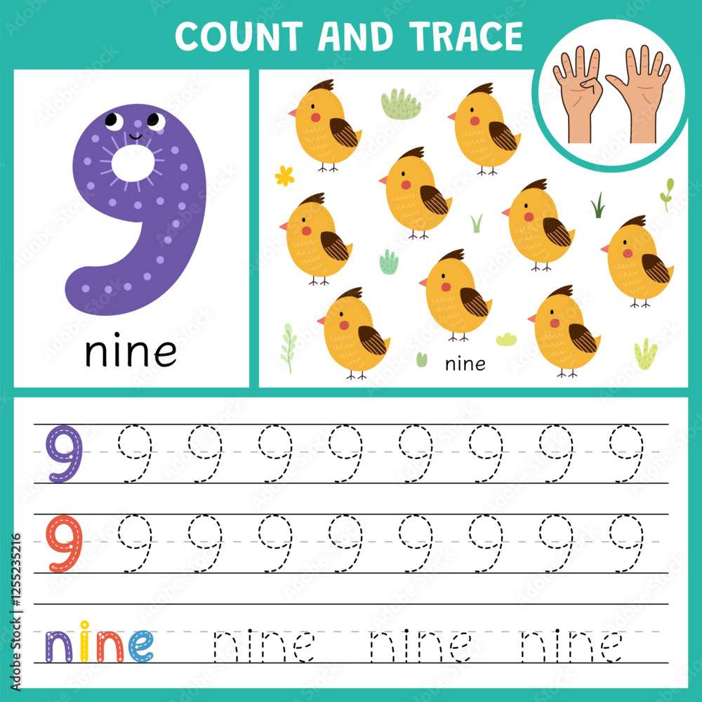 Number 9 tracing worksheet for kids. Learning numbers activity page for ...