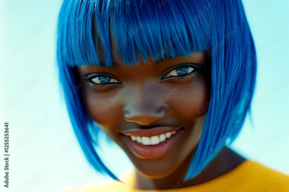 Short trim - blue hair. Commercial ad design design. Gorgeous smiling ...