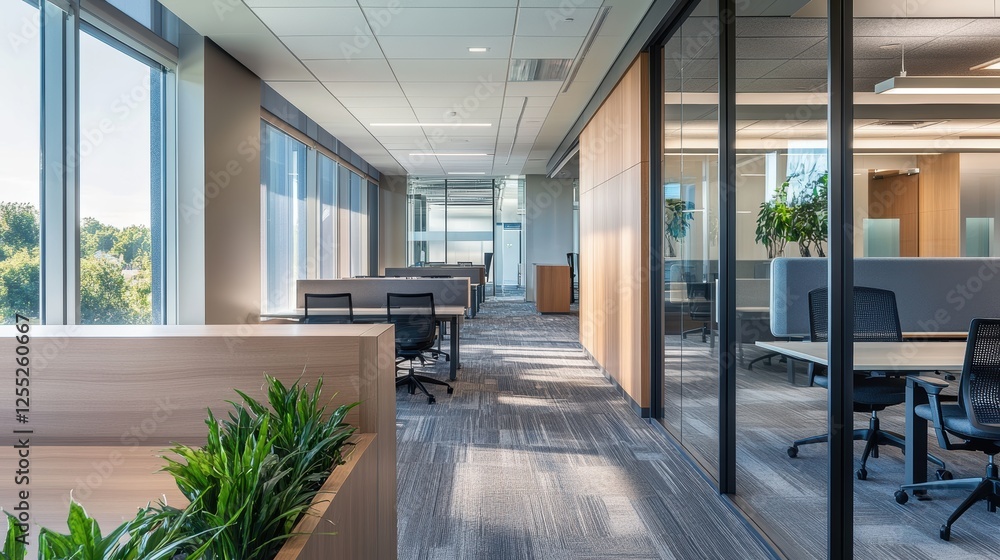 Modern office interior design featuring open workspace, large windows ...