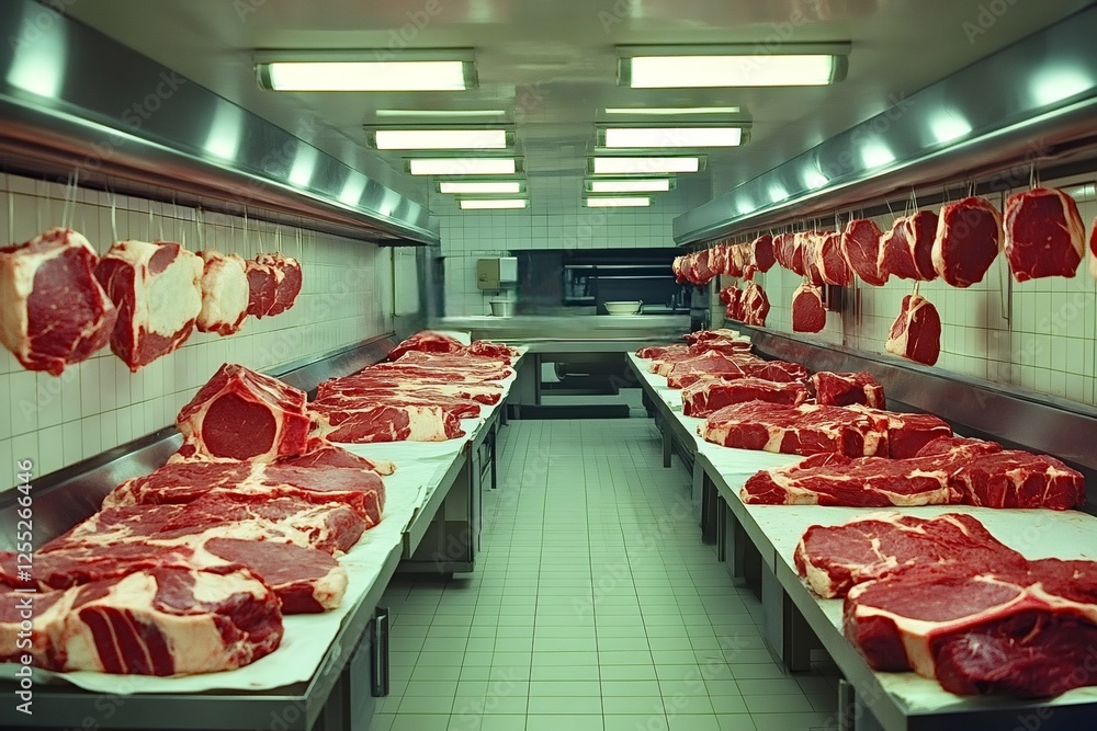 Large cuts of red meat hanging from the ceiling and resting on metal ...