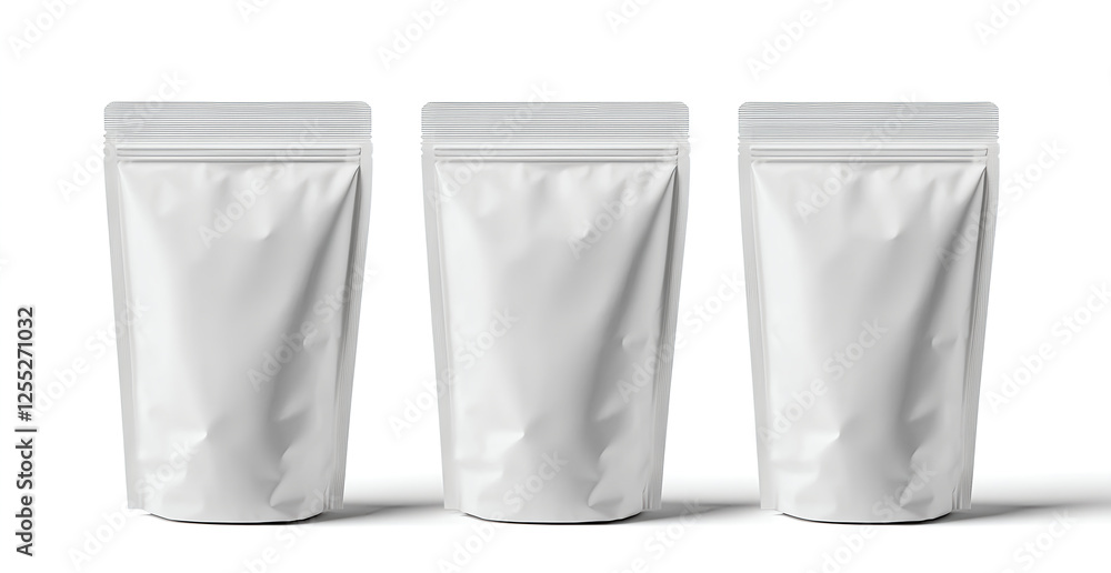 3 white blank doypack stand-up pouches with a zipper on an isolated ...