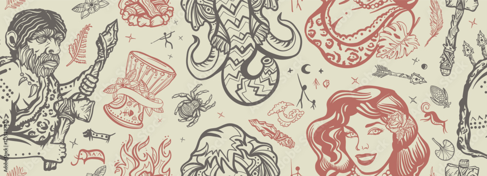 Prehistoric art. Stone age seamless pattern. Evolution. Neolithic and ...