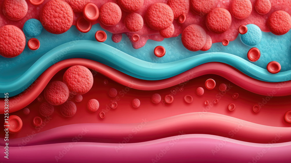 Illustrating the cross section of artery layers and blood cells in a ...