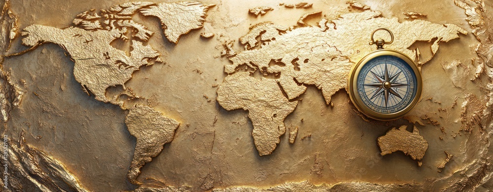 3D relief world gold map, old-style compass, and leather texture ...