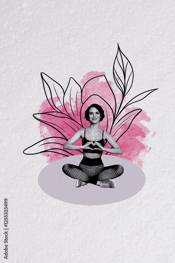 Collage poster template trend artwork sketch of young woman meditate ...