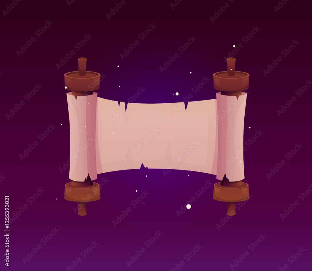Ancient parchment roll vector banner, game paper blank scroll on wooden ...