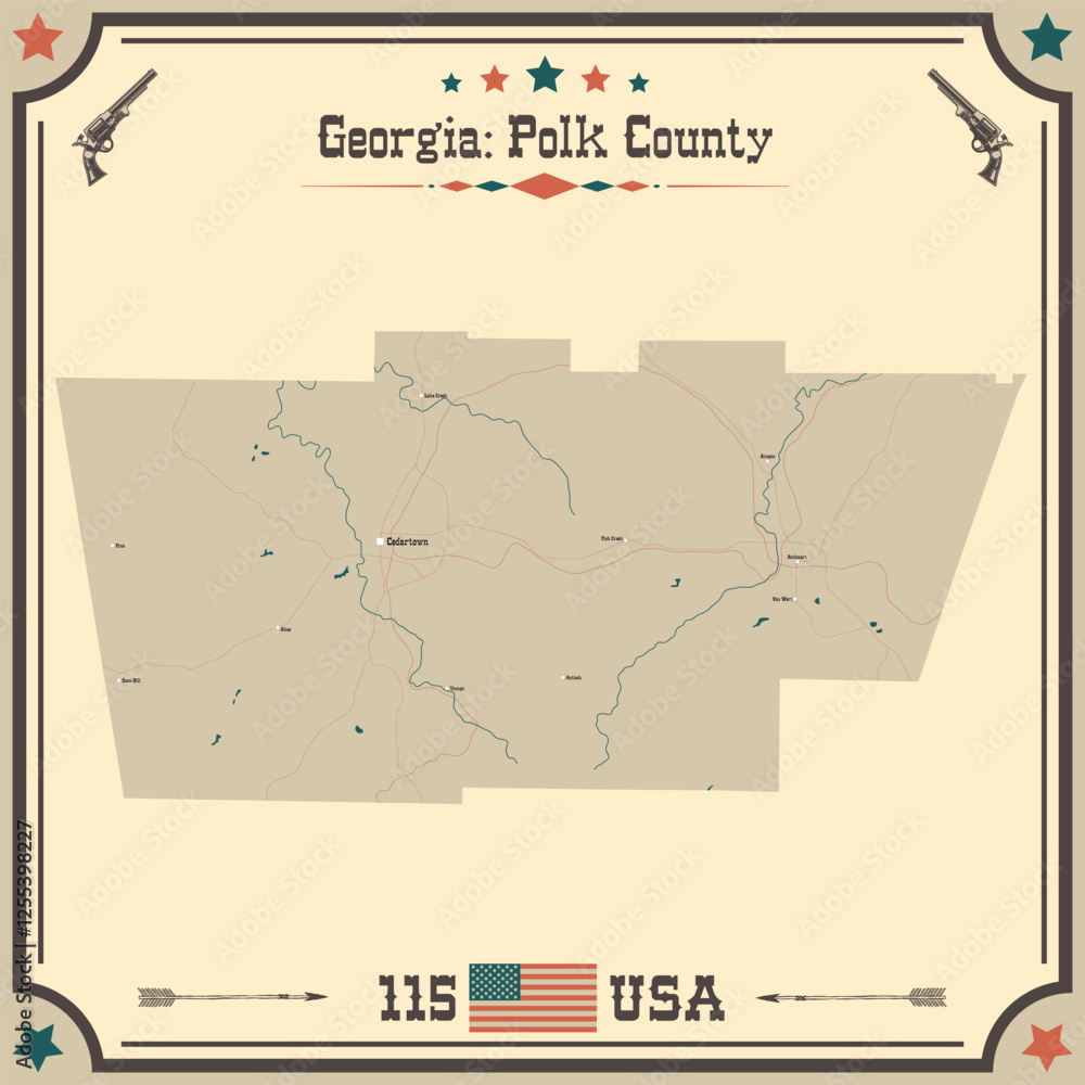 Large and accurate map of Polk County, Georgia, USA with vintage colors ...