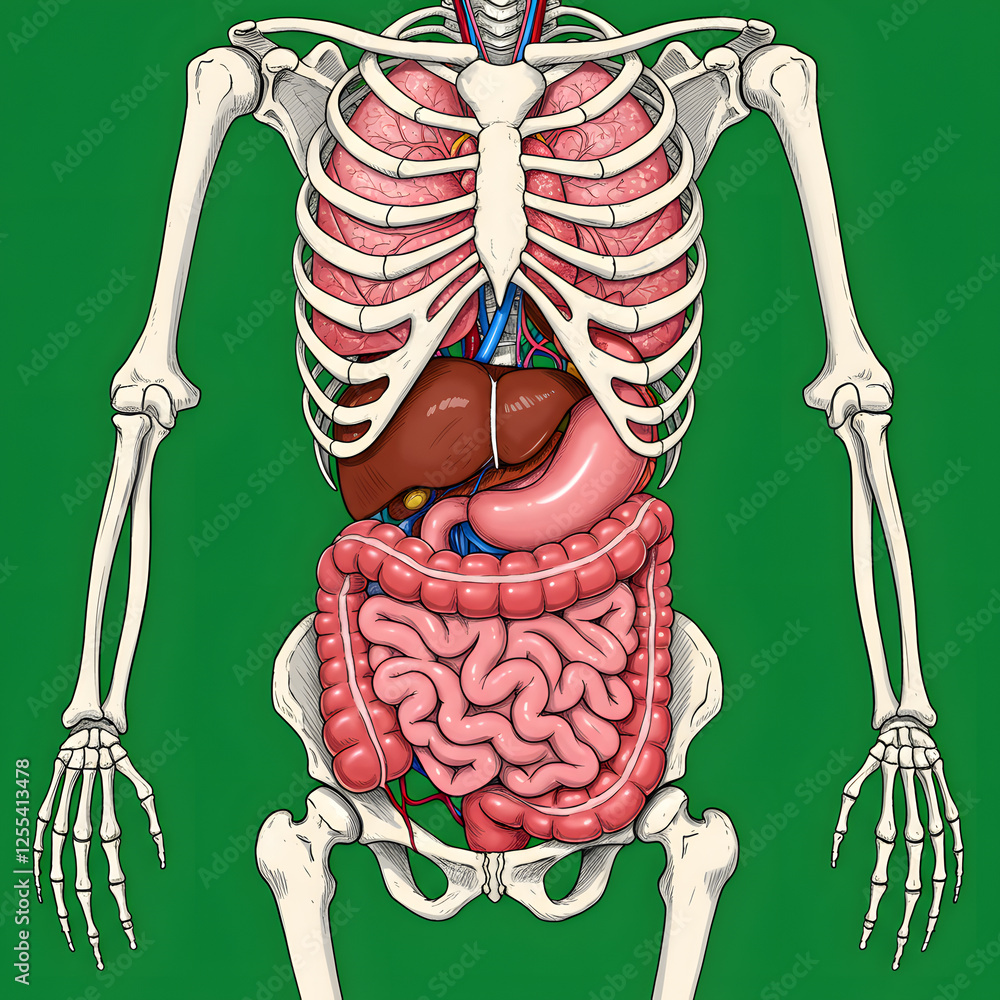 Detailed Human Anatomy Illustration: Digestive System, Organs, Skeleton ...