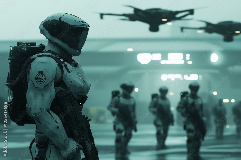 Futuristic military base training environment featuring soldiers and ...