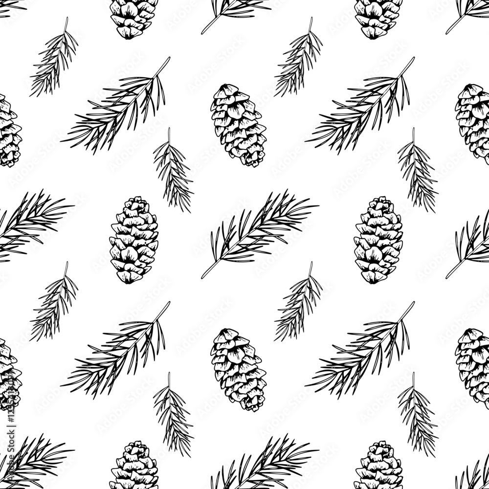 Seamless pattern of line art pine branch and cones. Ink graphic twig of ...