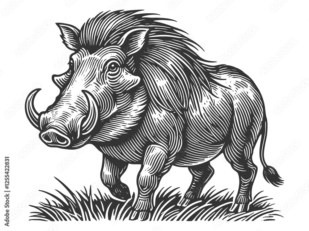 warthog standing in tall grass, depicted in a classic engraving style ...