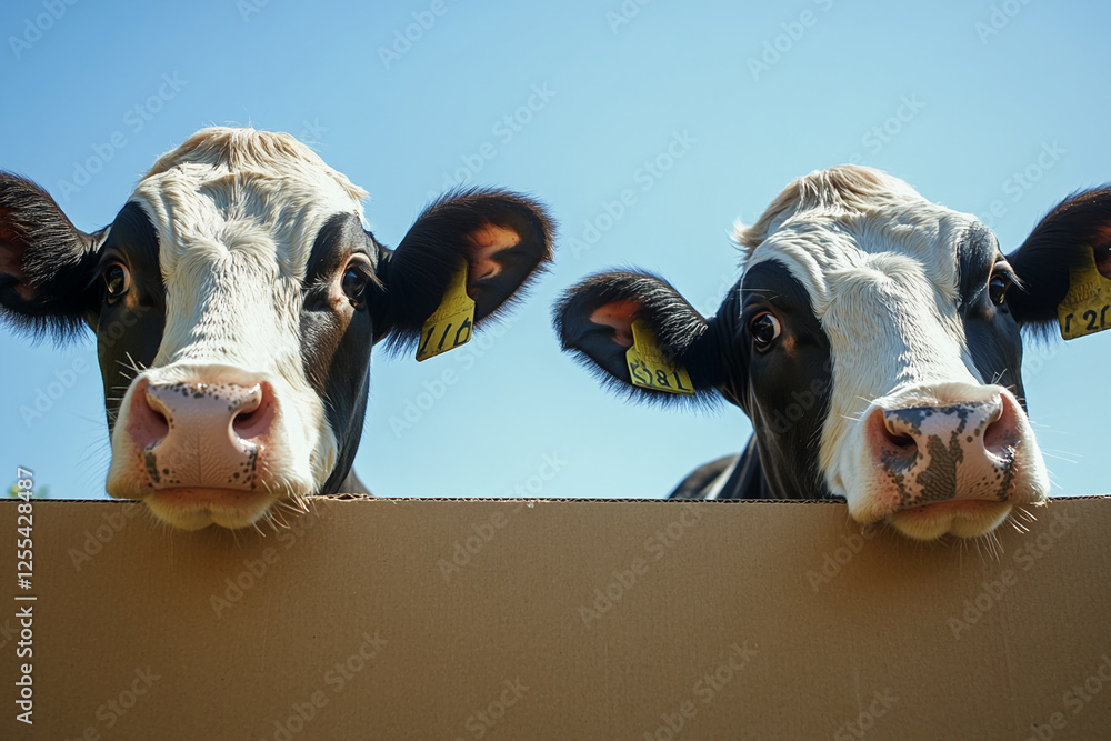 Two curious cows peek over a cardboard fence with bright blue skies ...