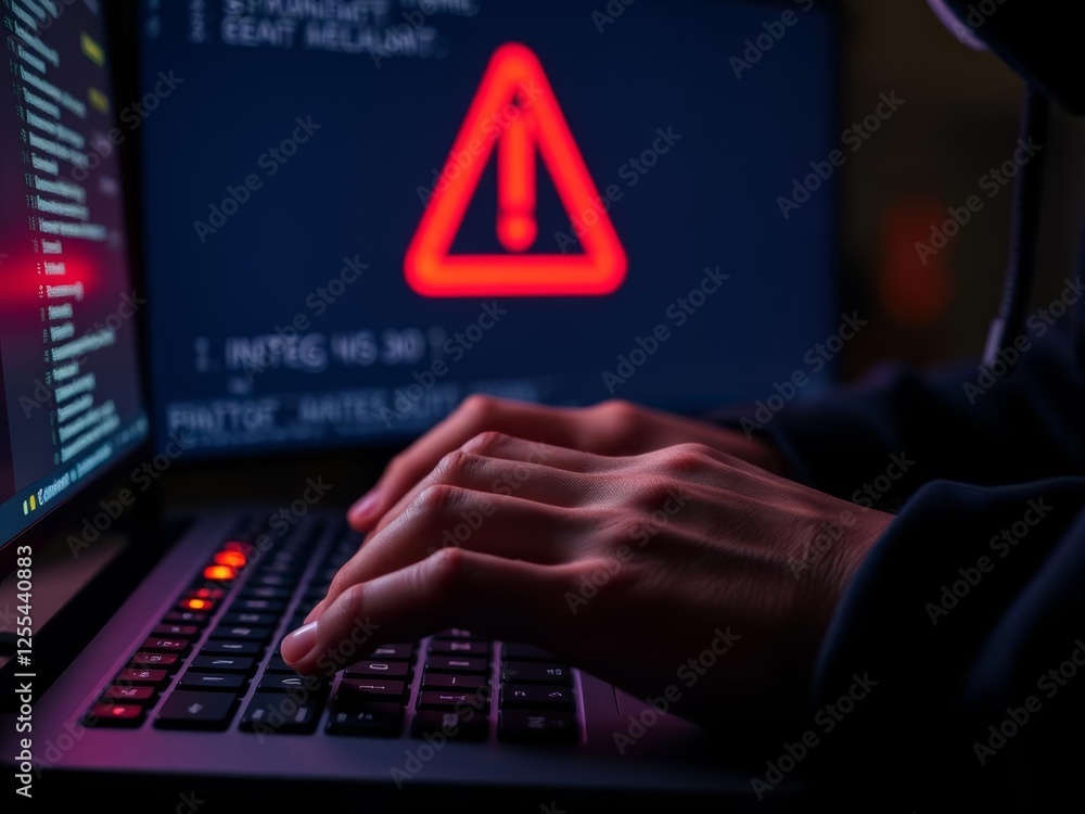 Hackers hands on keyboard, cyber attack sparks warning on screen ...