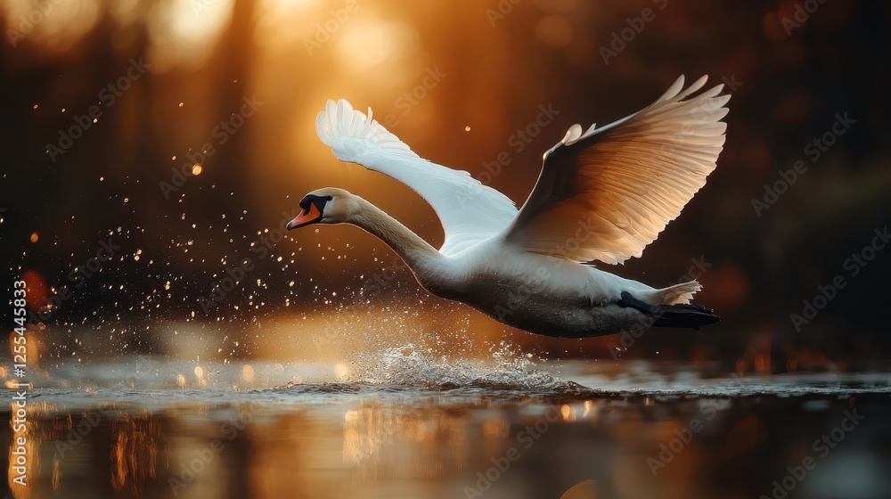 This image captures a swan taking off from the still surface of a lake ...