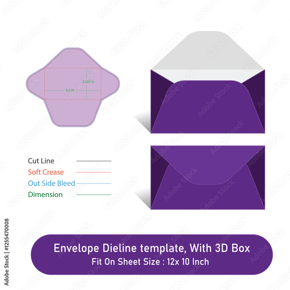 Envelope Dieline template, And 3D Box, Size 6.5 x 3.625, Vector File ...