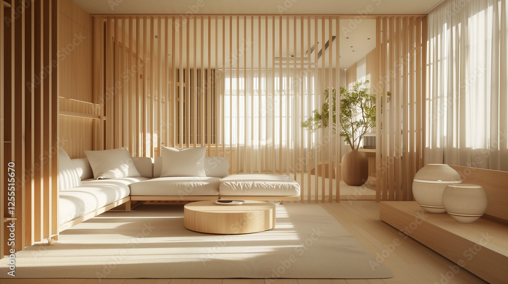minimalist modern living room wooden slat walls window soft lighting ...