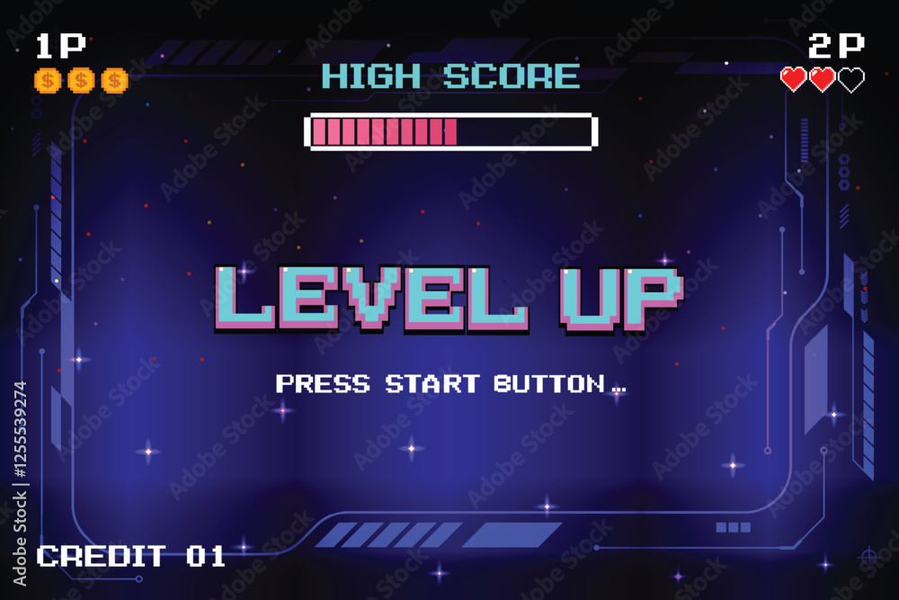 LEVEL UP. press start button. pixel art. 8 bit game. retro game. for ...