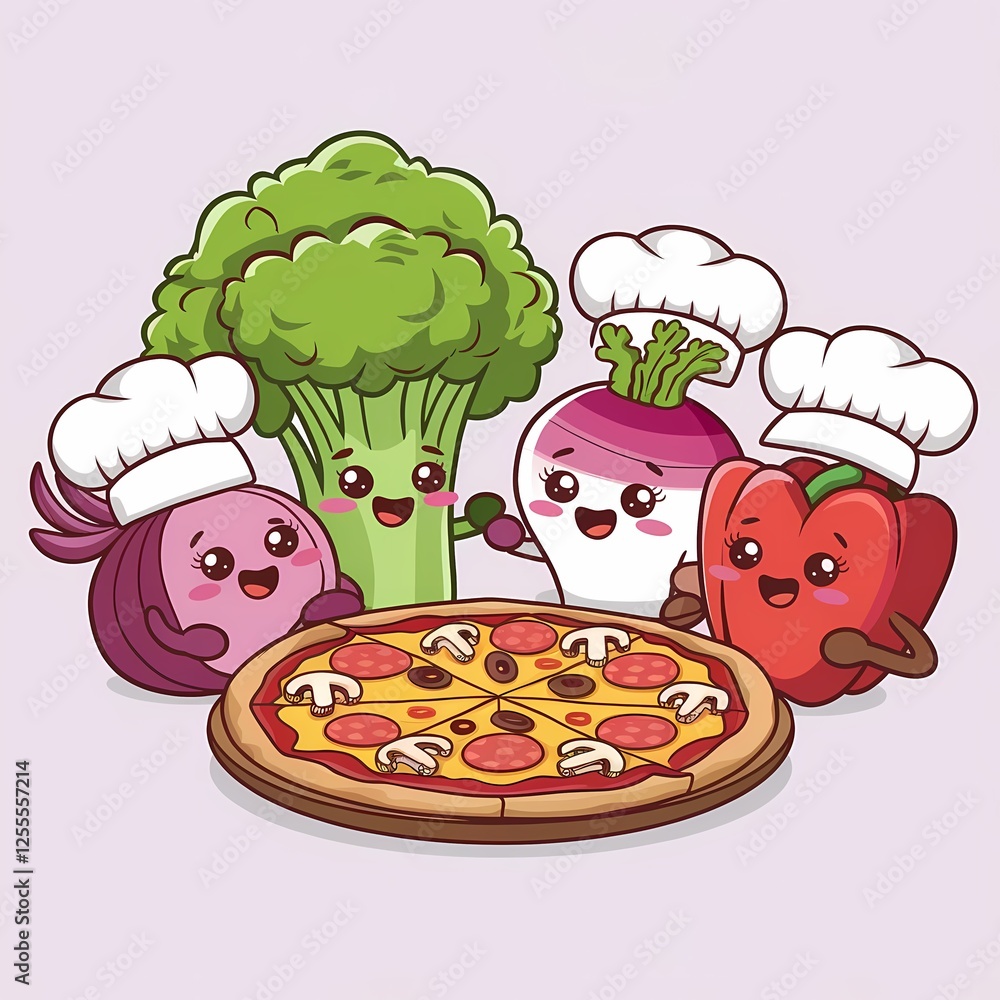 Cartoon design Cute vegetables wearing chef hats sharing a delicious ...