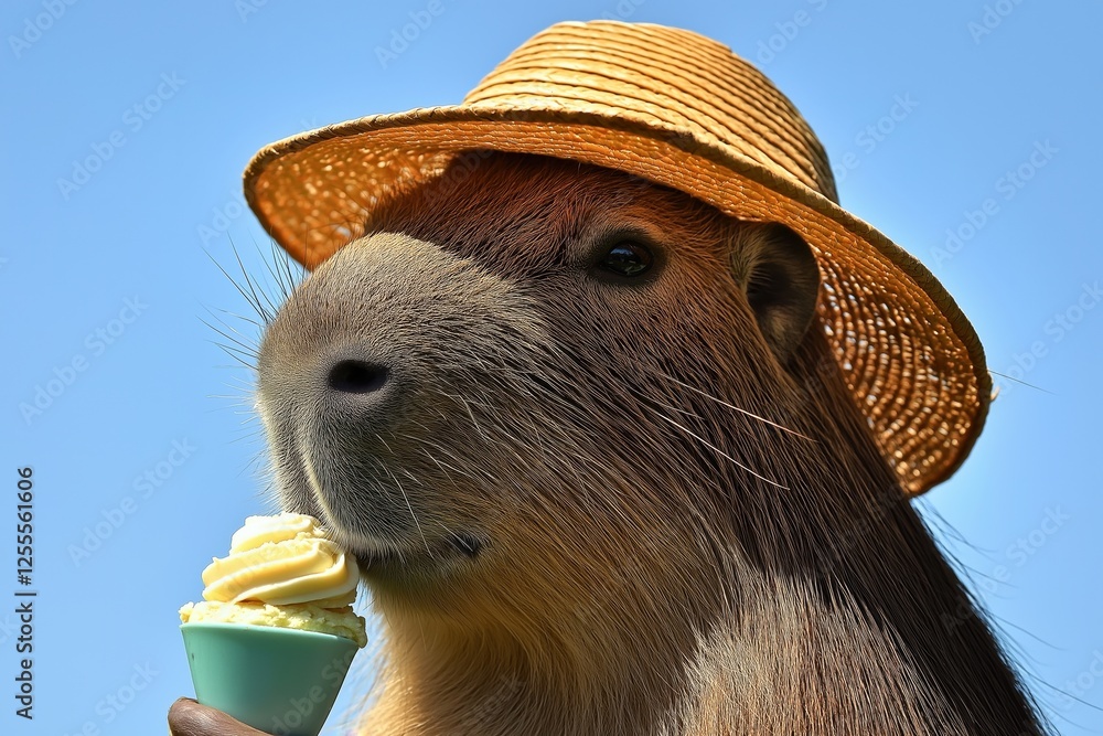 Capybara in a straw hat eats ice cream. Stock Photo | Adobe Stock