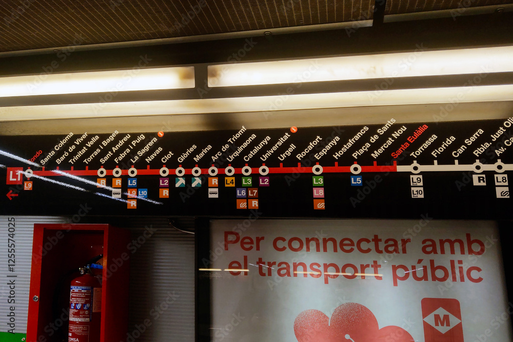 Barcelona, Spain, December 31, 2024: Barcelona Metro Map Sign with Line ...