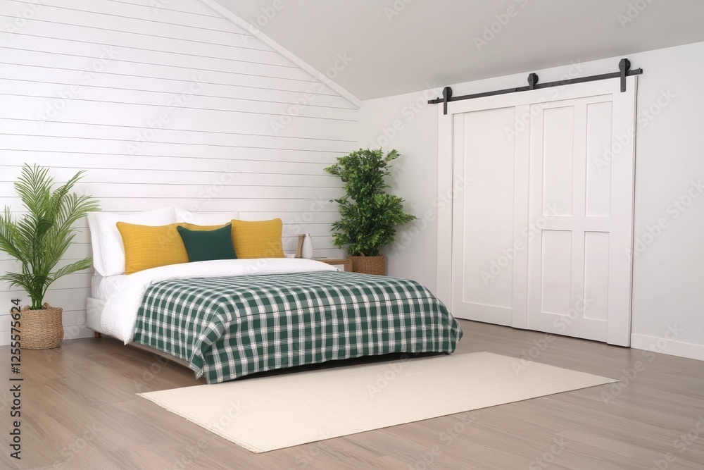 Cozy modern bedroom with green checkered bedding and rustic sliding ...