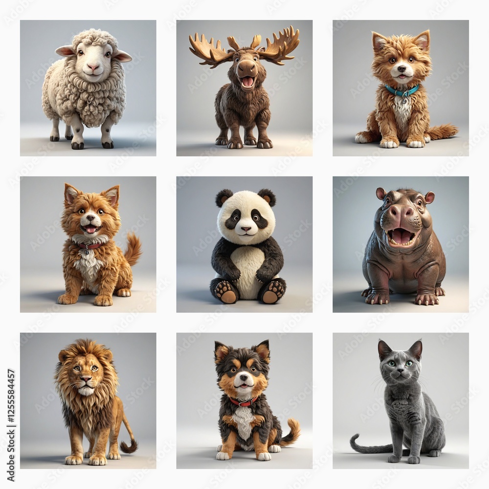 Nine animal portraits in a grid display a sheep, moose, fox, panda ...