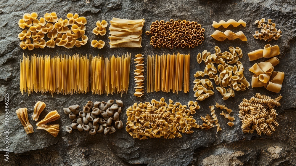 Various shapes and sizes of pasta arranged on a stone background ...