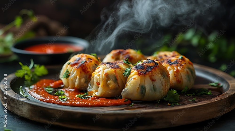 A vibrant plate of tandoori momos, spicy charred dumplings stuffed with ...