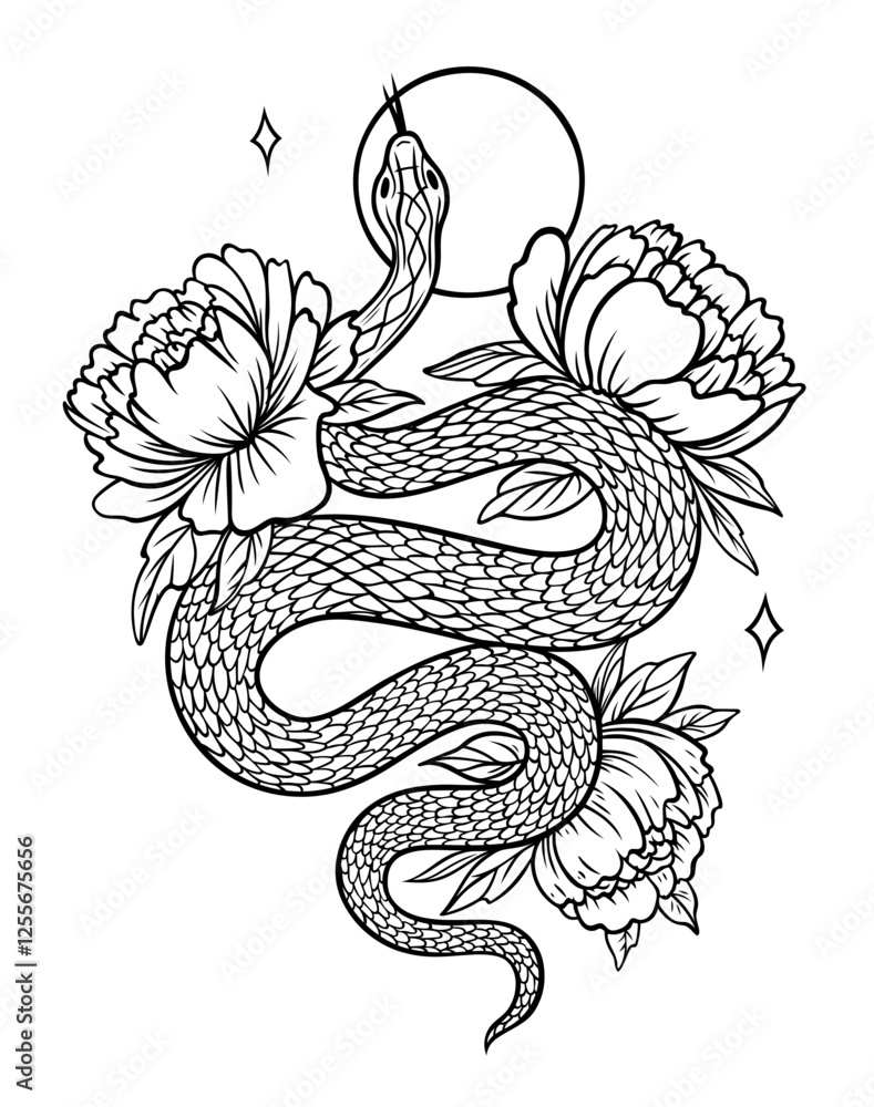 Vector de Stock Ausmalbild mit Schlange und Pfingstrosen - Jahr der ...