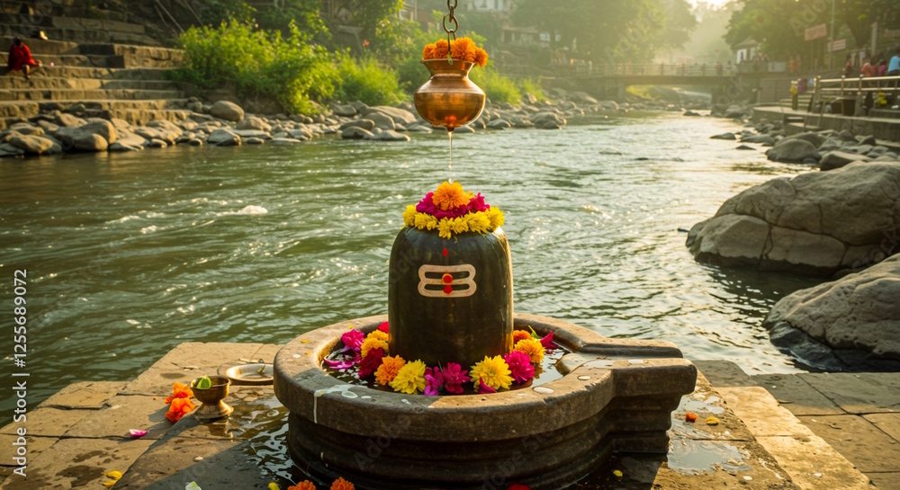 offering hindu puja to Shivlinga or shivlingam at bank of river ...
