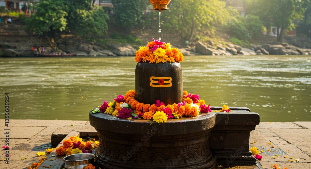 offering hindu puja to Shivlinga or shivlingam at bank of river ...