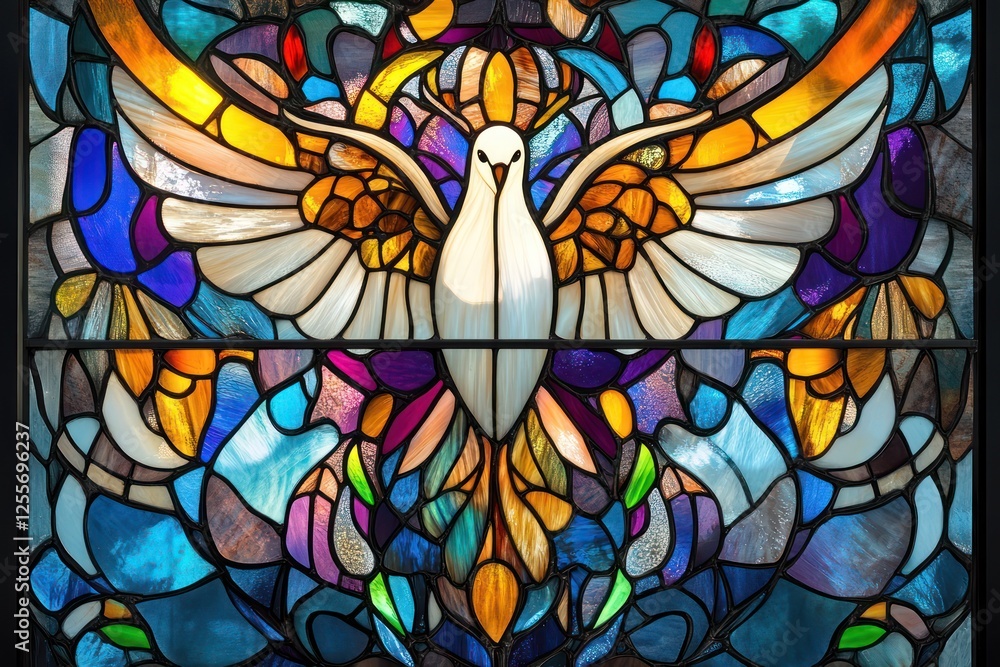 An elegant stained glass dove symbolizes the Holy Spirit, embodying ...