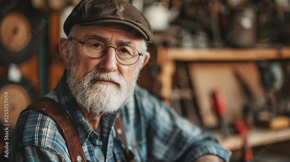 Portrait of a craftsman in a workshop, warm natural light, detailed ...