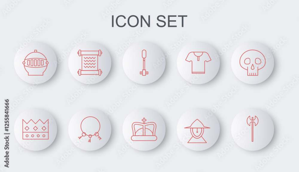 Set line Medieval axe, King crown, Torch flame, iron helmet, Decree ...