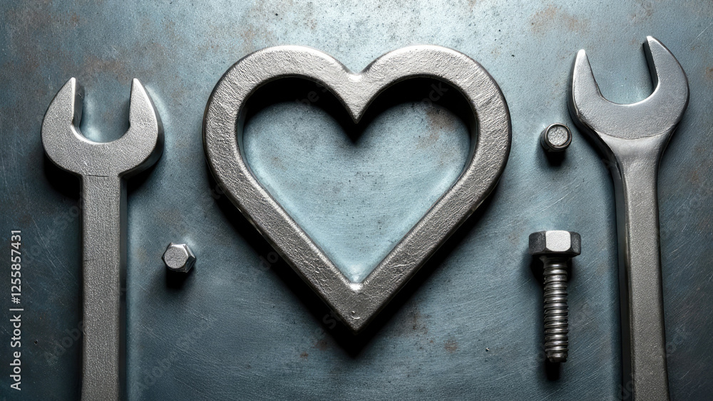 Banner with tools wrenches, bolts and metal heart on gray metal ...