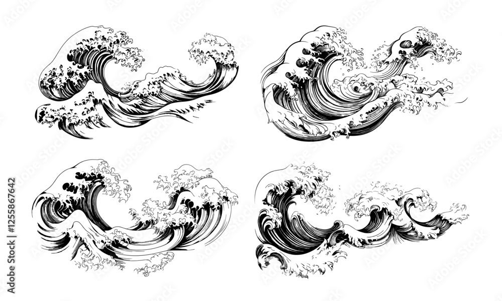 Ocean waves black ink sketch vector set. Marine curly water storm sea ...