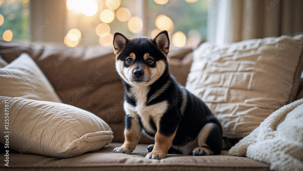 Bellissimo cucciolo di cane di razza Shiba Inu con pelo nero seduto su ...