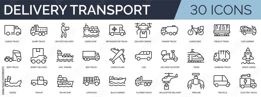 Set of 30 outline icons related to types of delivery transport. Linear ...