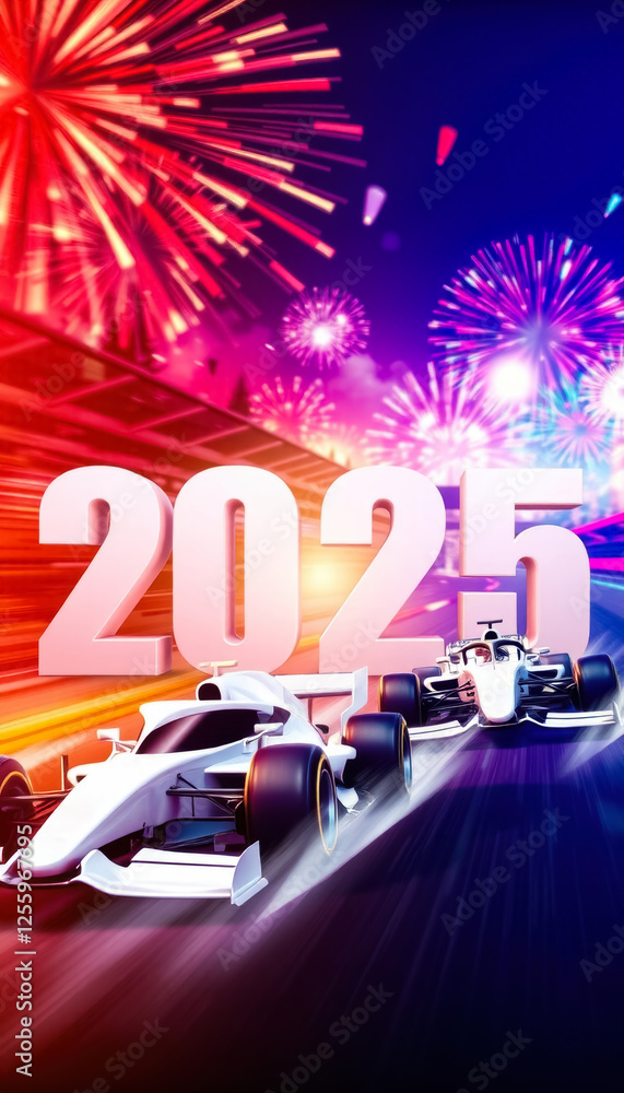 white formula cars on a night race track with lots of fireworks and the ...