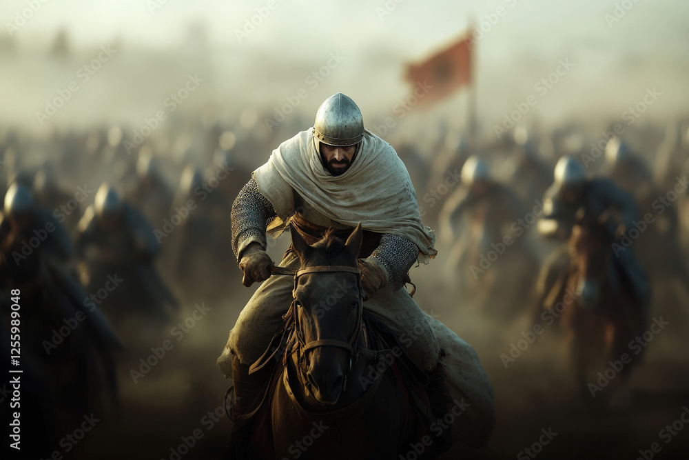 Arabic islamic muslim soldier warrior riding horse fighting in medieval ...
