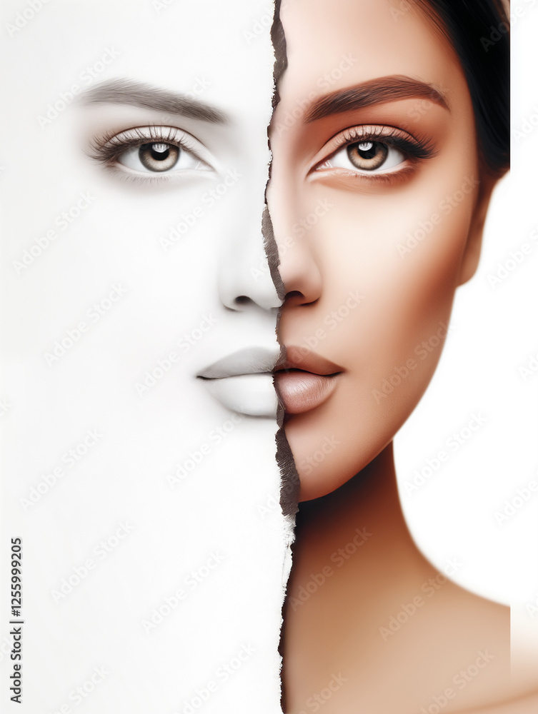 Digital drawing depicting torn paper woman's face in color and black ...