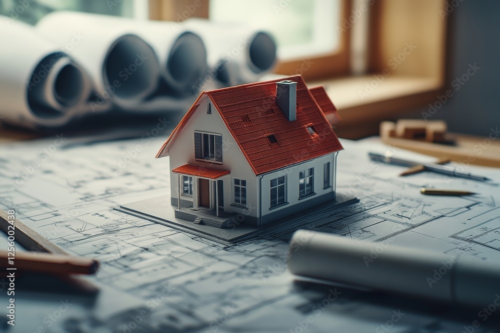 Architectural workspace featuring house blueprints and detailed scale ...