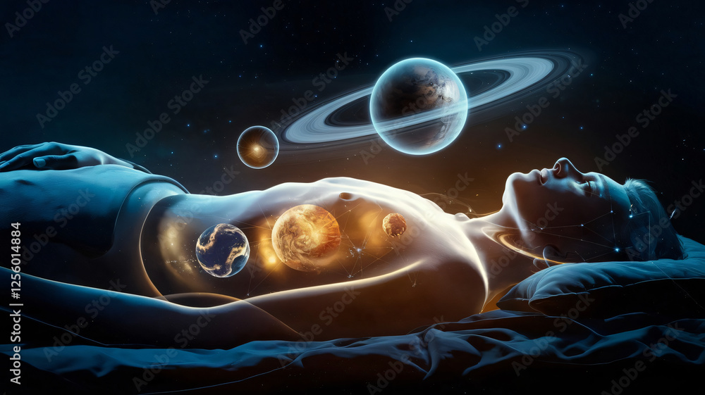 Futuristic Cinematic Shot of a Person with Planets Inside Their Body ...