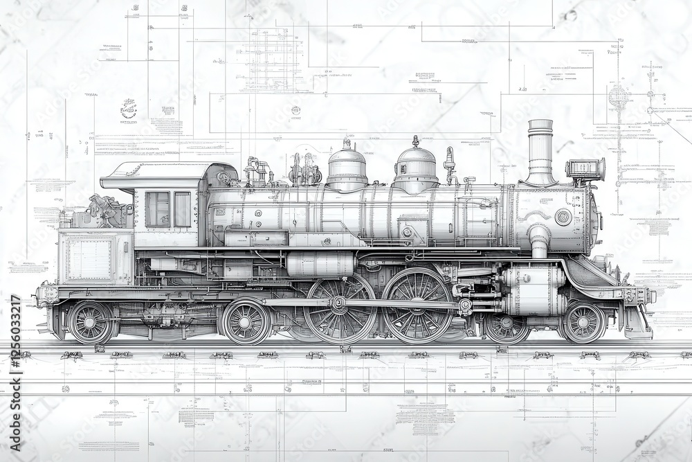 Detailed Technical Illustration of a Vintage Steam Locomotive with ...