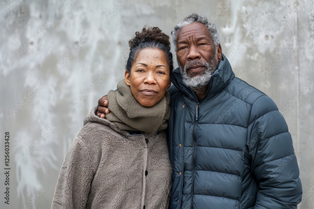 Portrait of a tender multiethnic couple in their 50s donning a durable ...